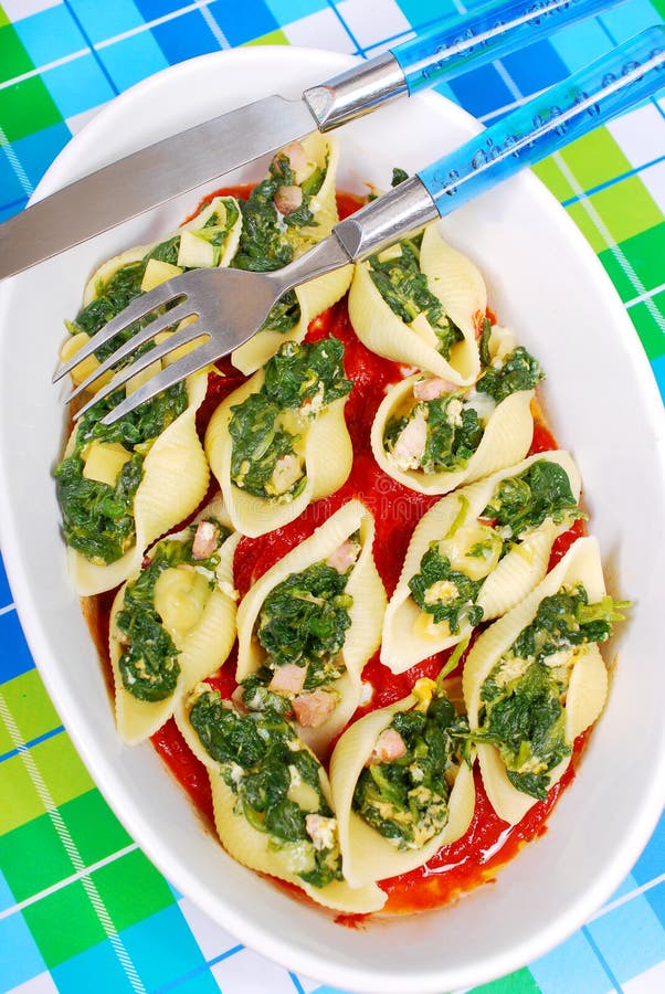 Pasta Shells Stuffed with Spinach and Eggs Stock Photo - Image of meal ...