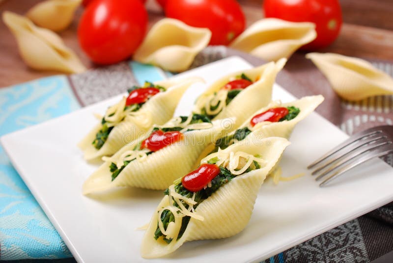 Pasta Shells Stuffed with Spinach Stock Photo - Image of shell, pasta ...
