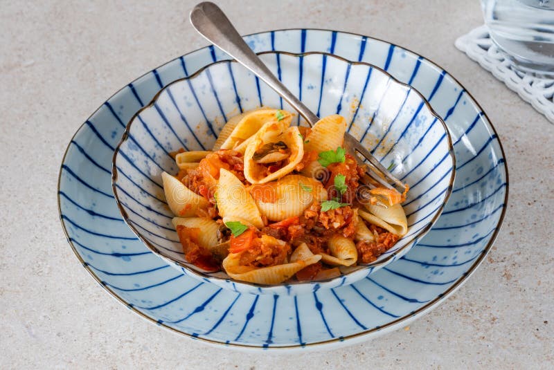 Pasta Shells with Tomato Sauce Stock Photo - Image of mediterranean ...