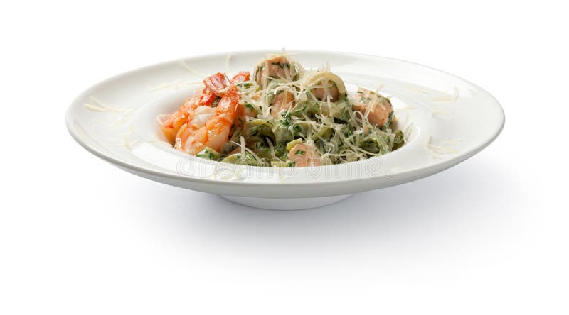 Pasta with Shrimps and Salmon. Front View Stock Photo - Image of ...
