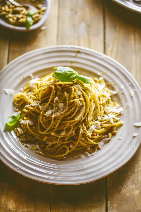 Pasta Spaghetti with Basil Cream and Cheese. Top View on Grey Stone ...