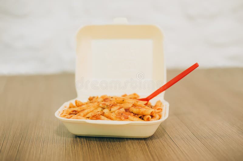 Pasta and Spaghetti in Delivery Package with Plastic Fork Stock Photo ...