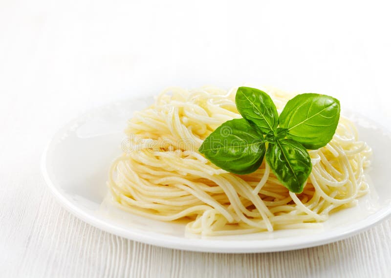 Pasta Spaghetti and Green Basil Leaf Stock Image - Image of tasty ...