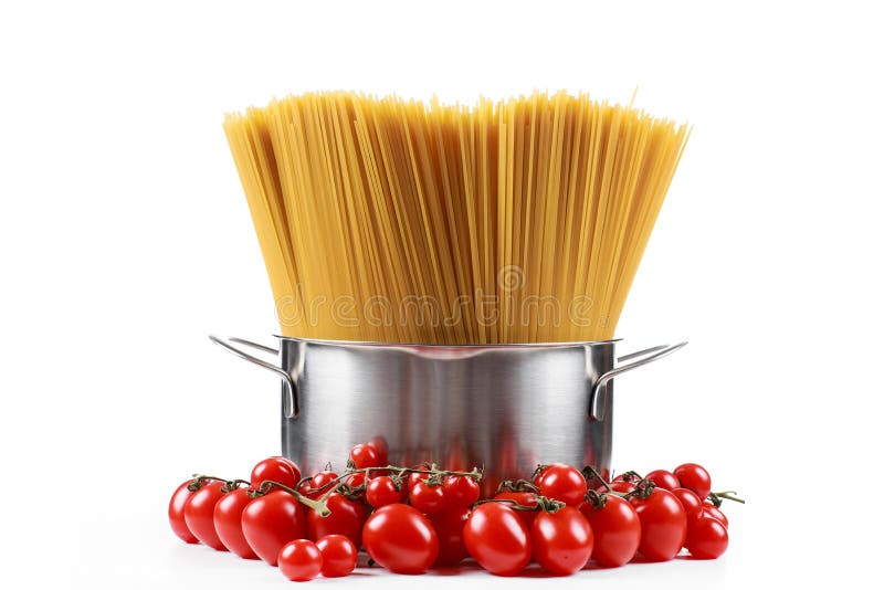 Pasta Spaghetti in a Metal Pan in a Large Collum on a White Background ...