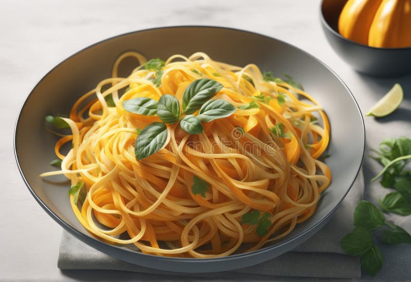 Pasta Spaghetti with Orange Sauce and Basil on a Grey Table. Pasta ...