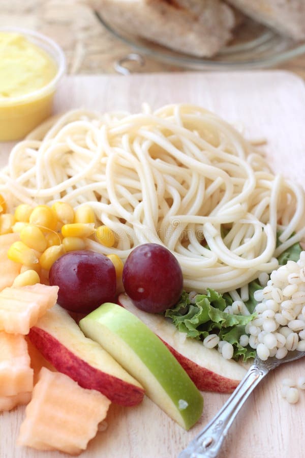Pasta Spaghetti with Salad Mix Fruit. Stock Image - Image of kitchen ...