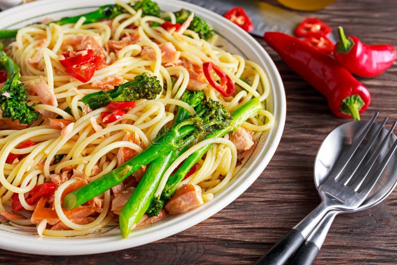 Pasta Spaghetti with Smoked Salmon, Chilli and Broccoli. Stock Image ...