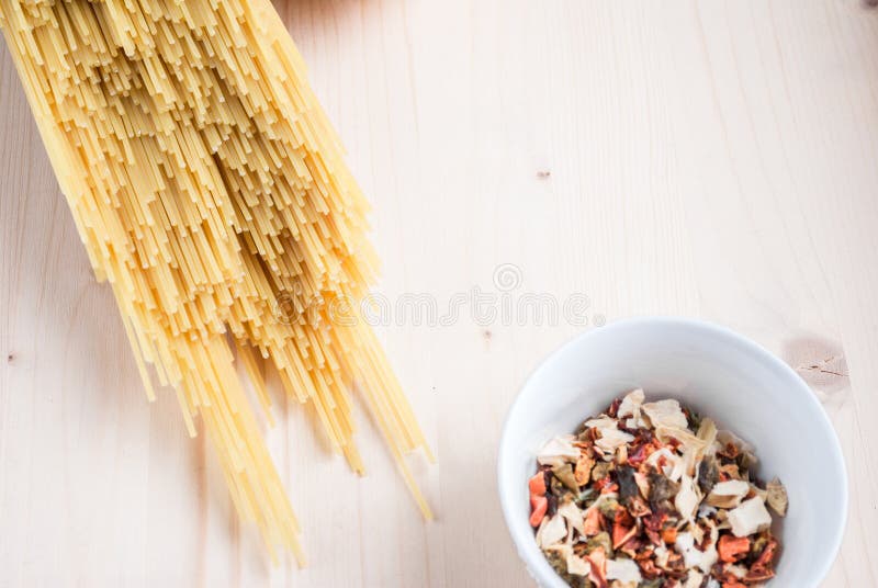 Pasta and Spices on a Torn Table Top View Stock Photo - Image of pepper ...