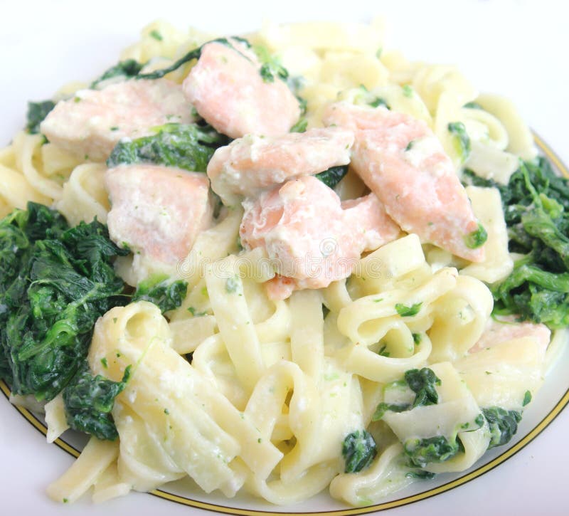 Pasta with Spinach and Salmon Fish Stock Image - Image of fresh, lunch ...