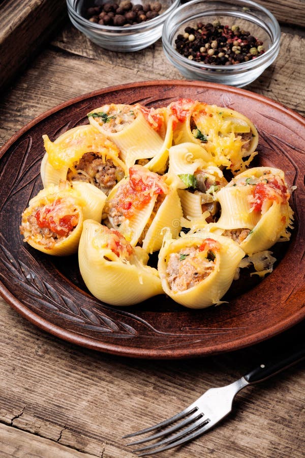 Pasta stuffed with meat stock image. Image of conchigliei - 131136557