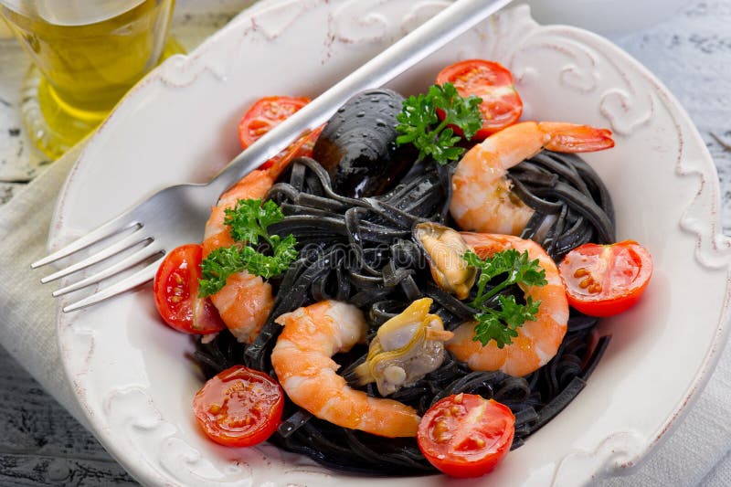 Pasta tagliolini ink squid stock image. Image of seafood - 17538063
