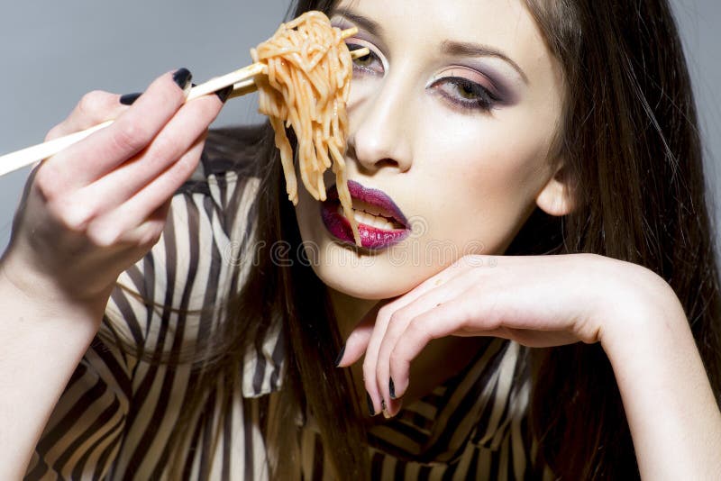 Food Diet And Cuisine Woman Eat Spaghetti With Hands Woman Eat Pasta