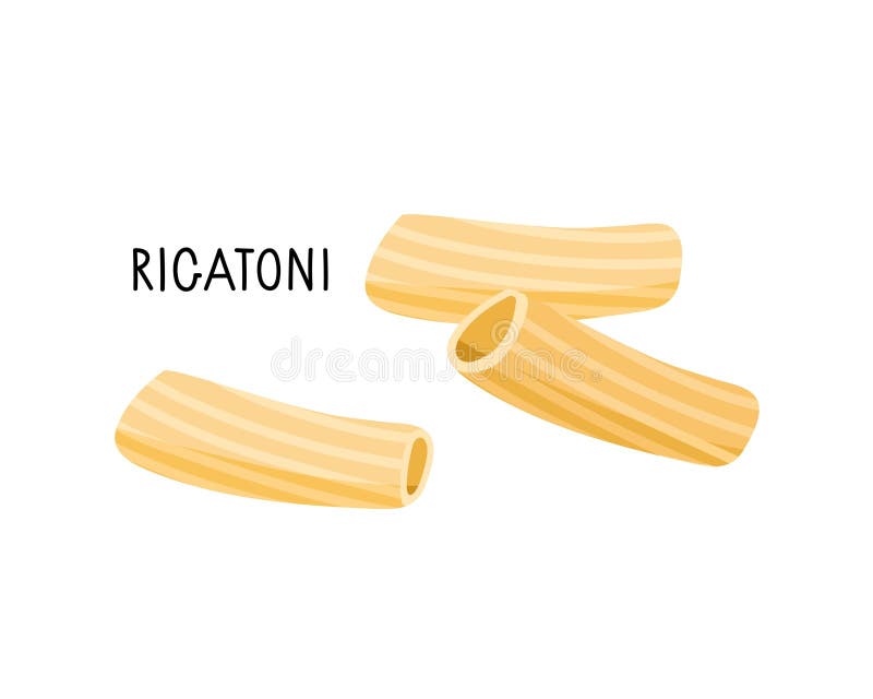 Pasta Type Rigatoni in Flat Style with Inscription Isolated on White ...