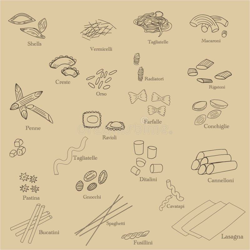 Pasta Types Hand Drawn Vector Set Stock Vector - Illustration of vector ...