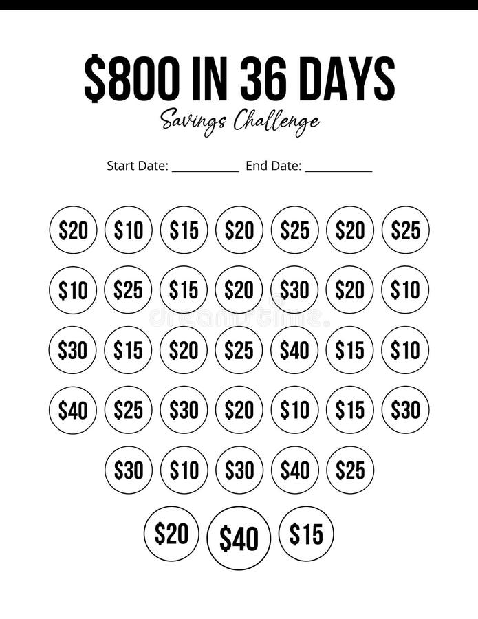 Saving Money Challenge 800 Dollars in 36 Days Stock Illustration ...