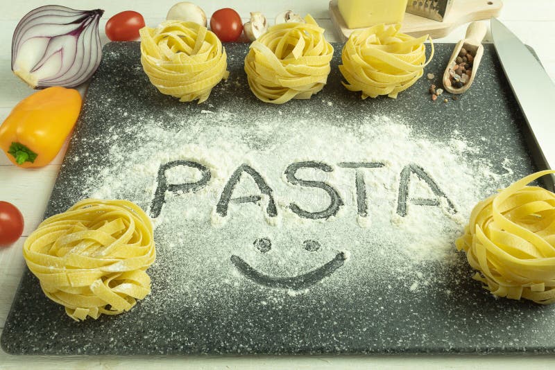 Pasta Word Written on Table Composition with Ingredients Stock Image ...