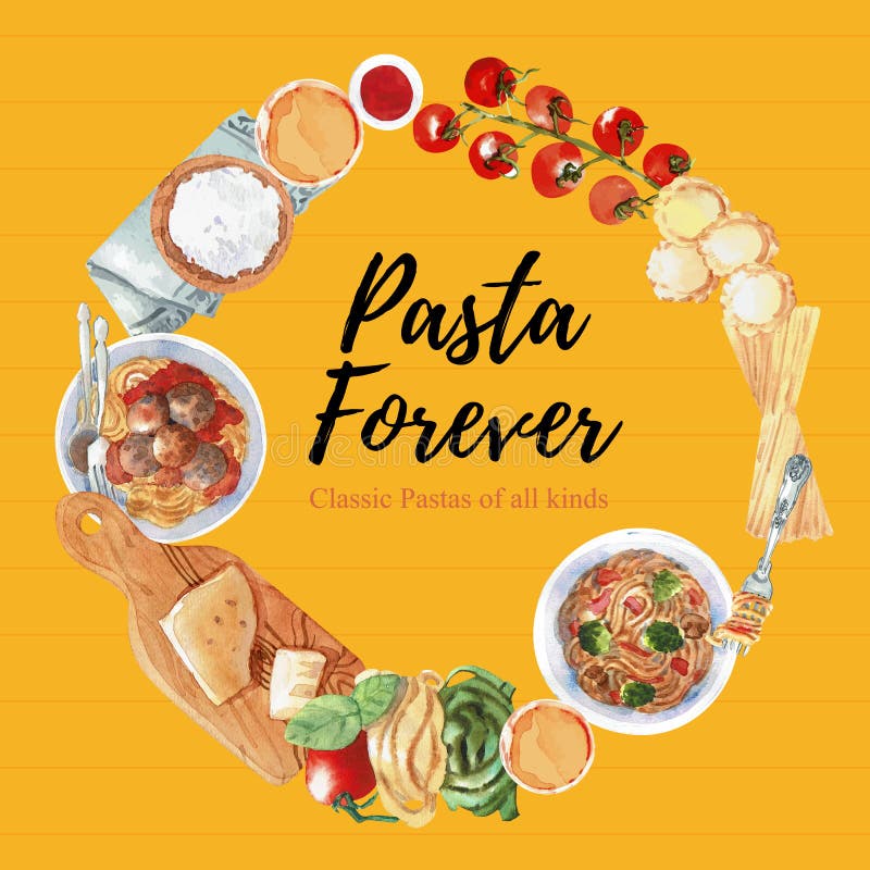 Pasta Wreath Design with Flour, Fork, Tomato Watercolor Illustration ...