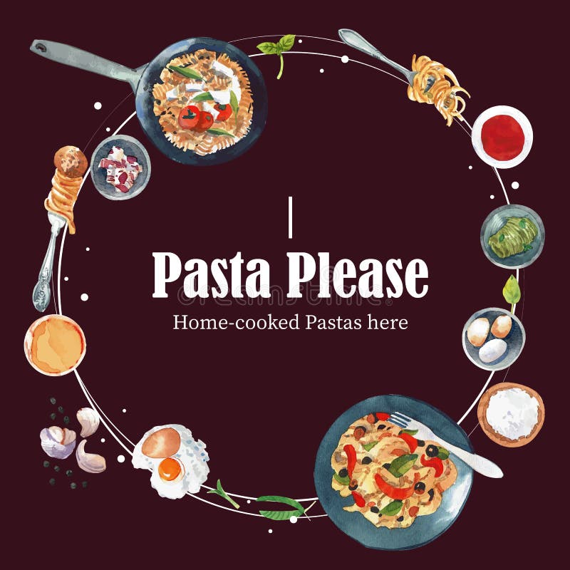 Pasta Wreath Design with Plate, Pan, Egg Watercolor Illustration Stock ...