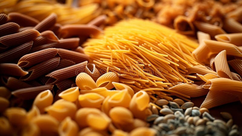 Paste. Different Types of Raw Pasta and Noodles on the Table Close-up ...