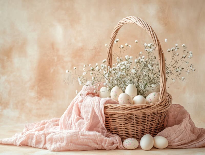 Pastel Aesthetic Easter Basket with Flowers and Eggs for Spring Decor ...