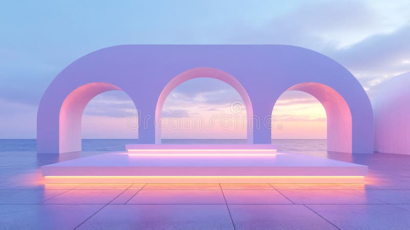 Pastel Archway Platform at Sunset Over the Ocean Stock Illustration ...