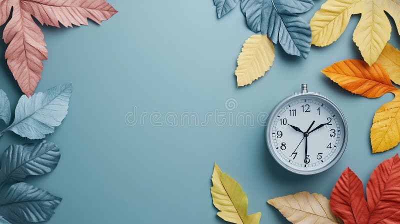 Pastel Autumn Leaves & Clock on Blue Background Stock Illustration ...