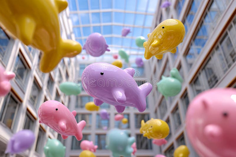Pastel Balloon Animals Float in Office, Symbolizing Humor and Lightness ...