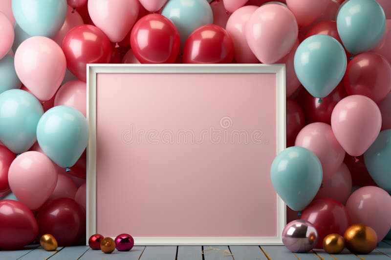 Pastel Balloon Frame, Confetti, Pink Table, Top View Mockup Stock ...