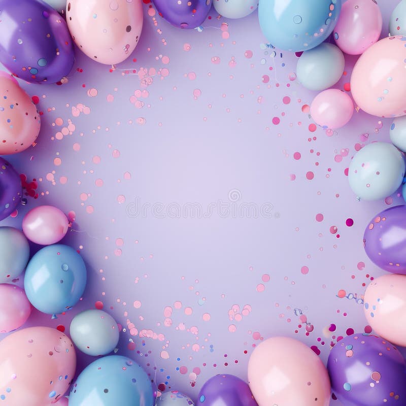 Pastel Balloons and Confetti Border on a Purple Background Stock ...