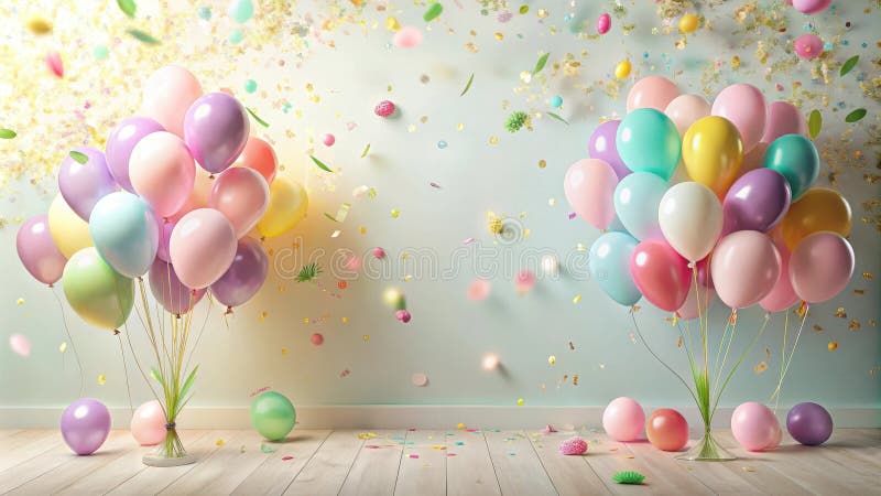 Pastel Balloons and Confetti Celebration Scene with Empty Floor Space ...