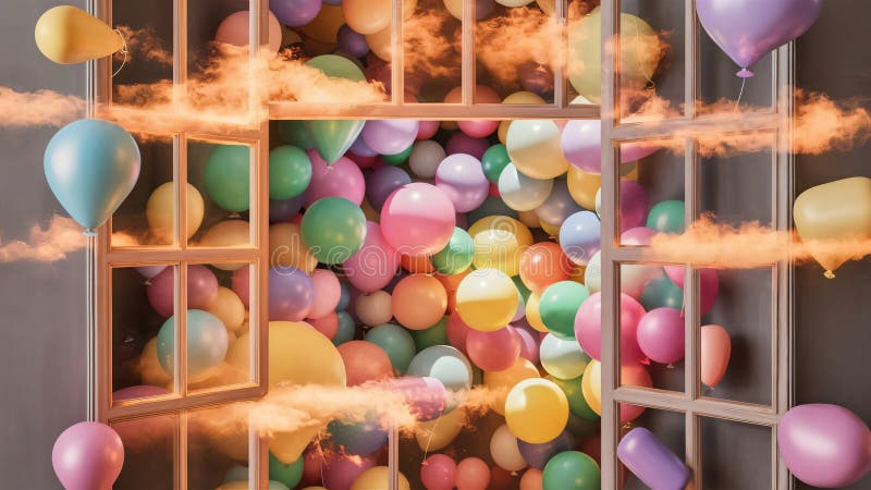 Pastel Balloons Exploding from Wooden Window High Quality Image Stock ...