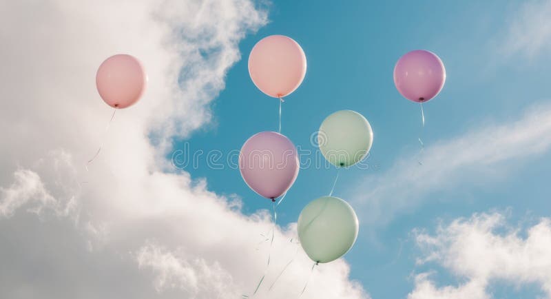 Pastel Balloons Floating among Fluffy Clouds in a Blue Sky. Stock ...