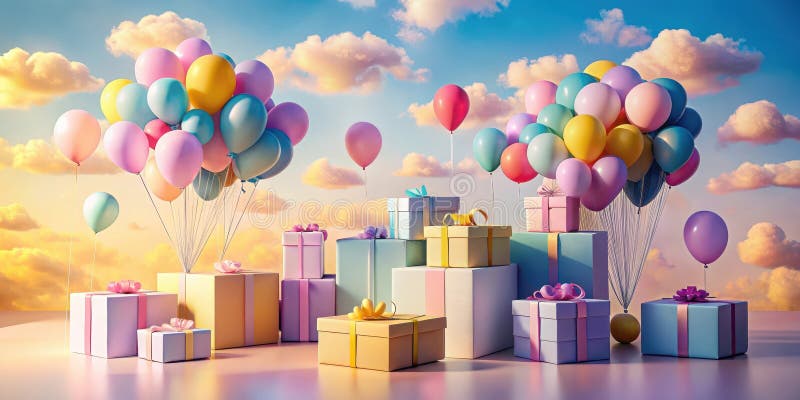 Pastel Balloons and Gift Boxes Soaring in a Dreamy Sky at Sunset ...