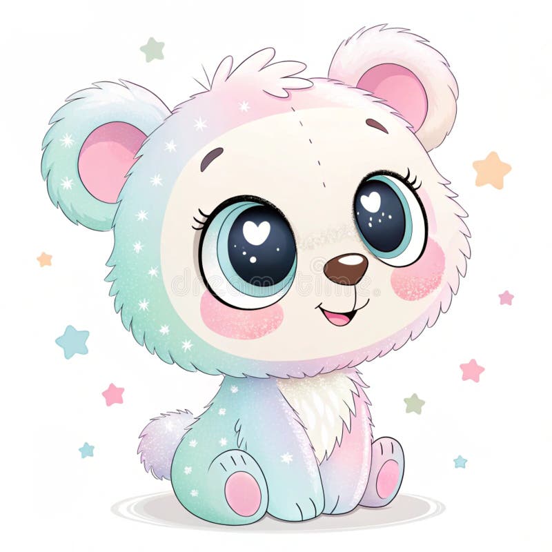 Pastel Bear Cub Sitting, Starry Background, Cute Design, Kids Print ...
