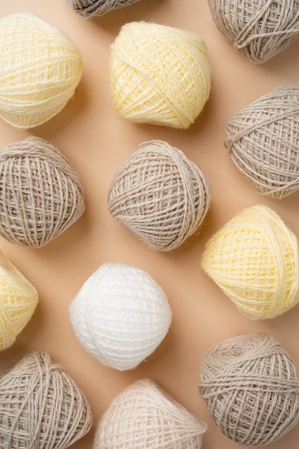 Pastel and Beige Colored Yarn Wool on Beige Backdrop, Top View Flat Lay ...