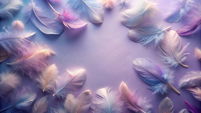 Pastel Bird Feathers Arranged in a Frame on Lavender Background ...