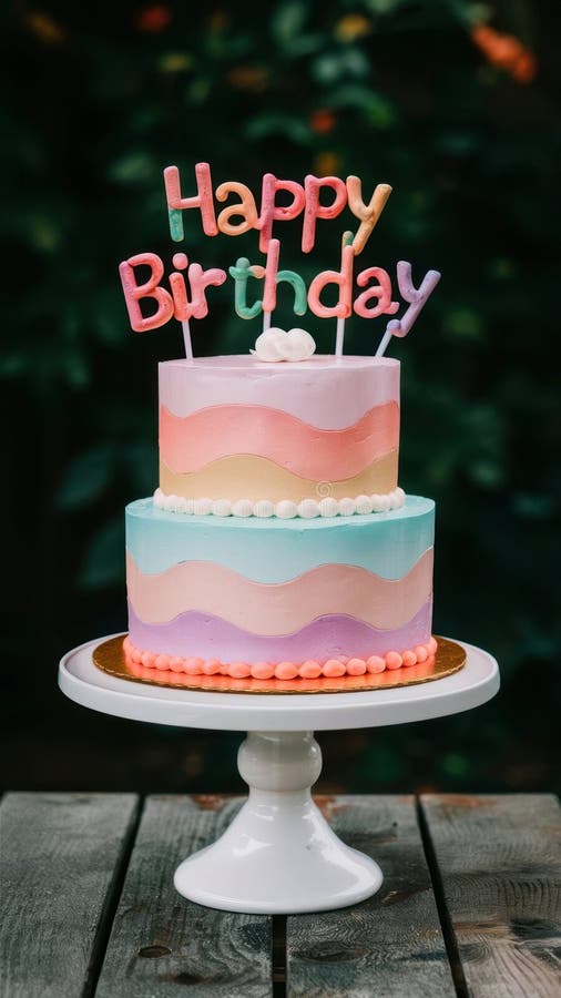 Pastel Birthday Cake with Happy Birthday Topper and Balloons Stock ...