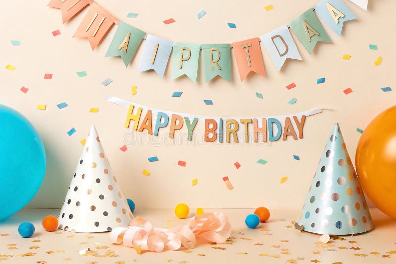 Pastel Birthday Party Decor on Beige Background Stock Illustration ...