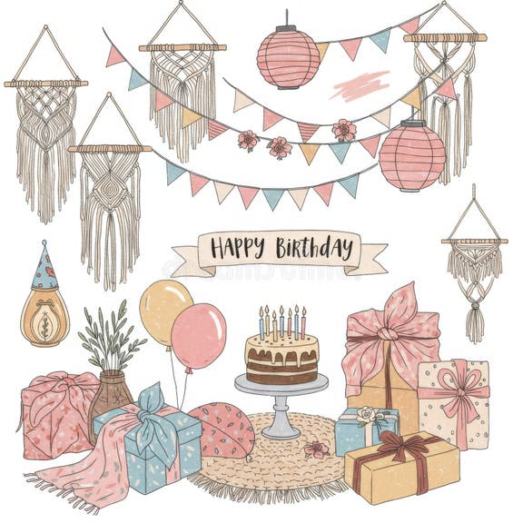 Pastel Birthday Party Decorations: Boho Macrame and Lanterns Stock Illustration - Illustration ...