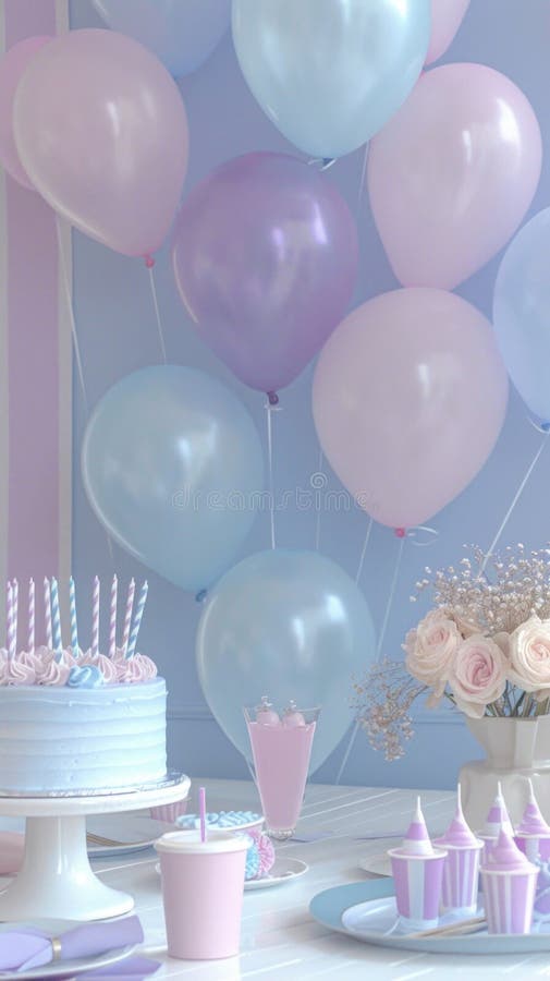 Pastel Birthday Party Setup with Balloons, Birthday Cake, and ...