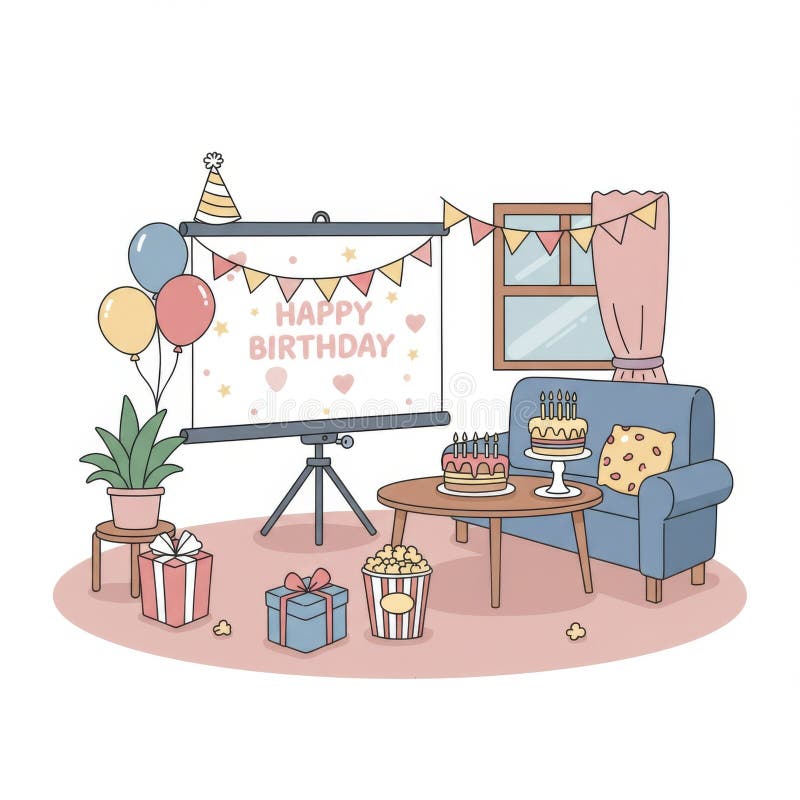 Pastel Birthday Party Setup in Living Room Stock Illustration ...