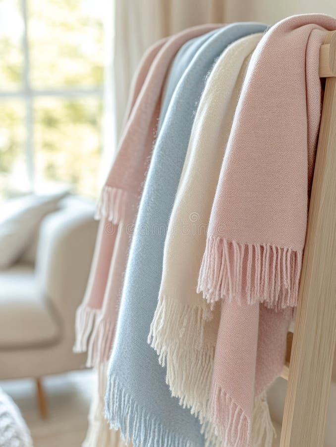 Pastel Blankets Draped Over a Chair in a Cozy Room. Stock Image - Image ...