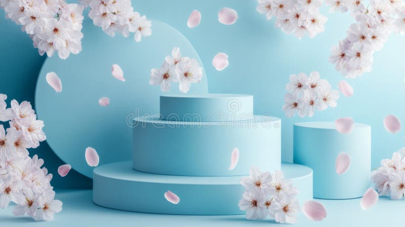 Pastel Blue Display Stand with Cherry Blossoms Stock Illustration ...