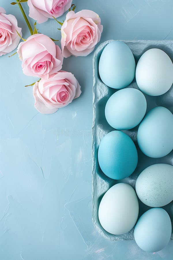 Pastel Blue Easter Eggs in Carton with Pink Roses on Light Blue ...