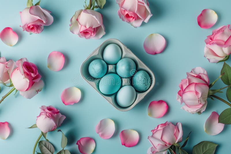 Pastel Blue Easter Eggs in Carton with Pink Roses and Petals on Blue ...