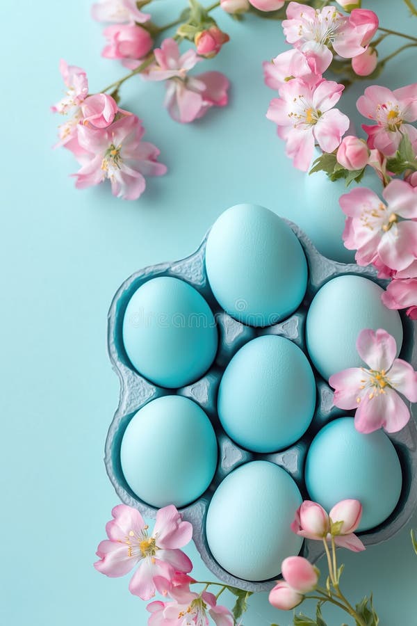 Pastel Blue Easter Eggs Nestled in Carton with Pink Cherry Blossoms on ...