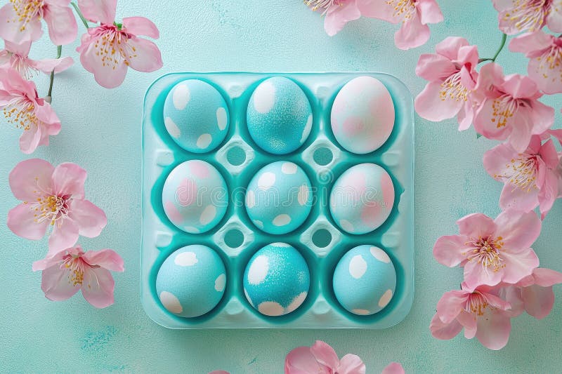Pastel Blue Easter Eggs in Tray Surrounded by Pink Cherry Blossoms on ...