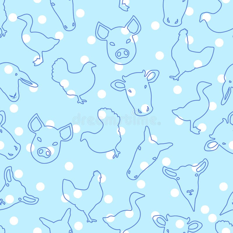 Pastel Blue Farm Animal Theme Pattern with White Polkadots Stock Vector ...