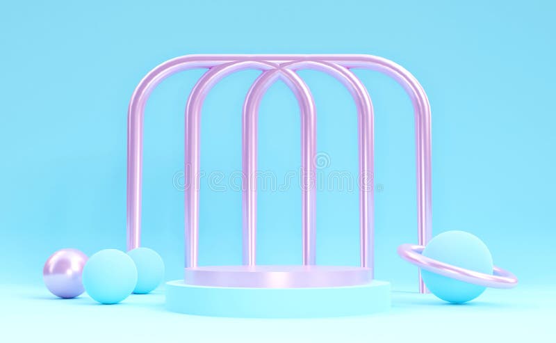 Pastel Blue and Pink Podium with Spherical Objects Sky Blue Background ...