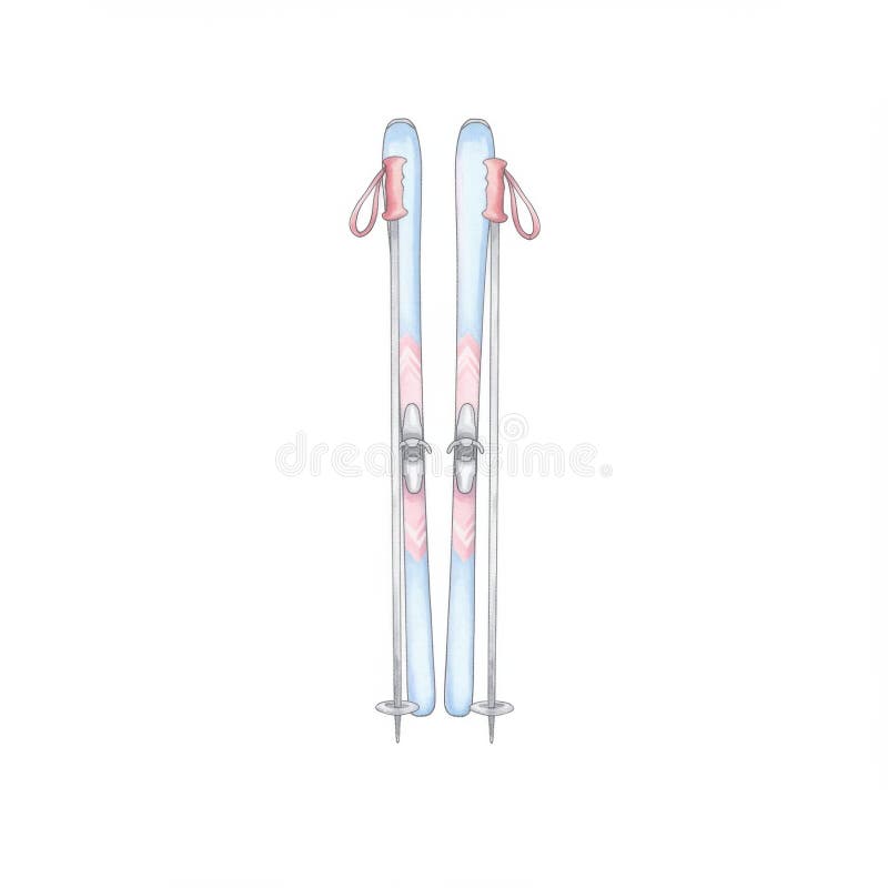 Pastel Blue and Pink Winter Ski Set with Poles on White Background ...